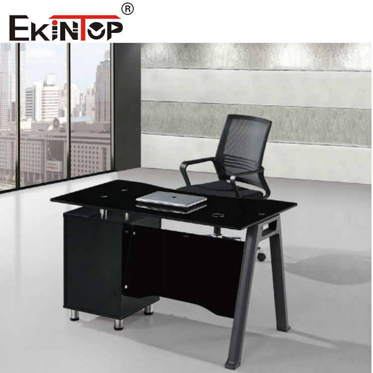 Commercial Black Glass L Shaped Desk With Drawers Modern Executive ...